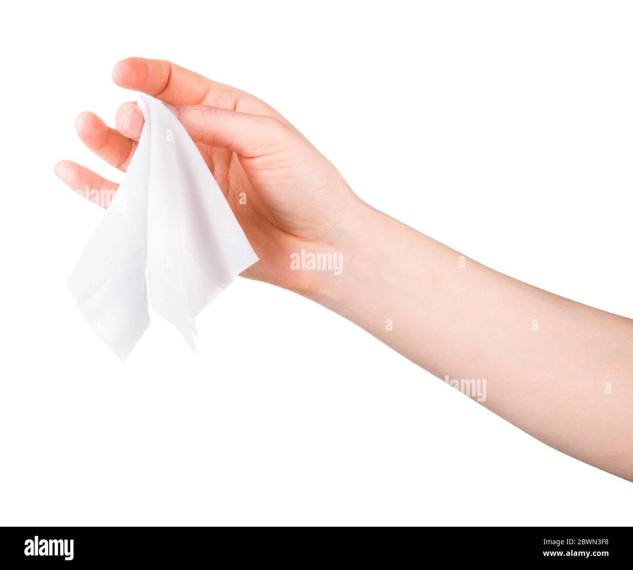 Woman hand use antibacterial wet wipes or tissue isolated on a white ...