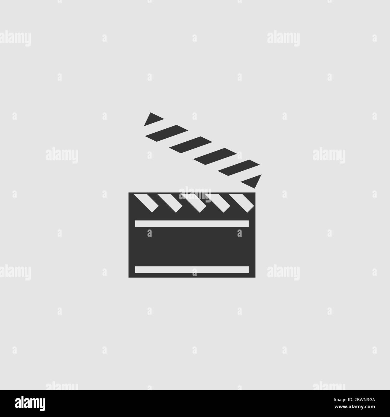 Clapper board icon flat. Black pictogram on grey background. Vector ...