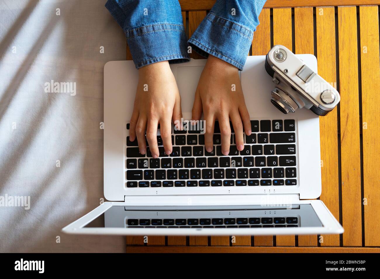 Photographer working from home with her computer and camera. Online ...