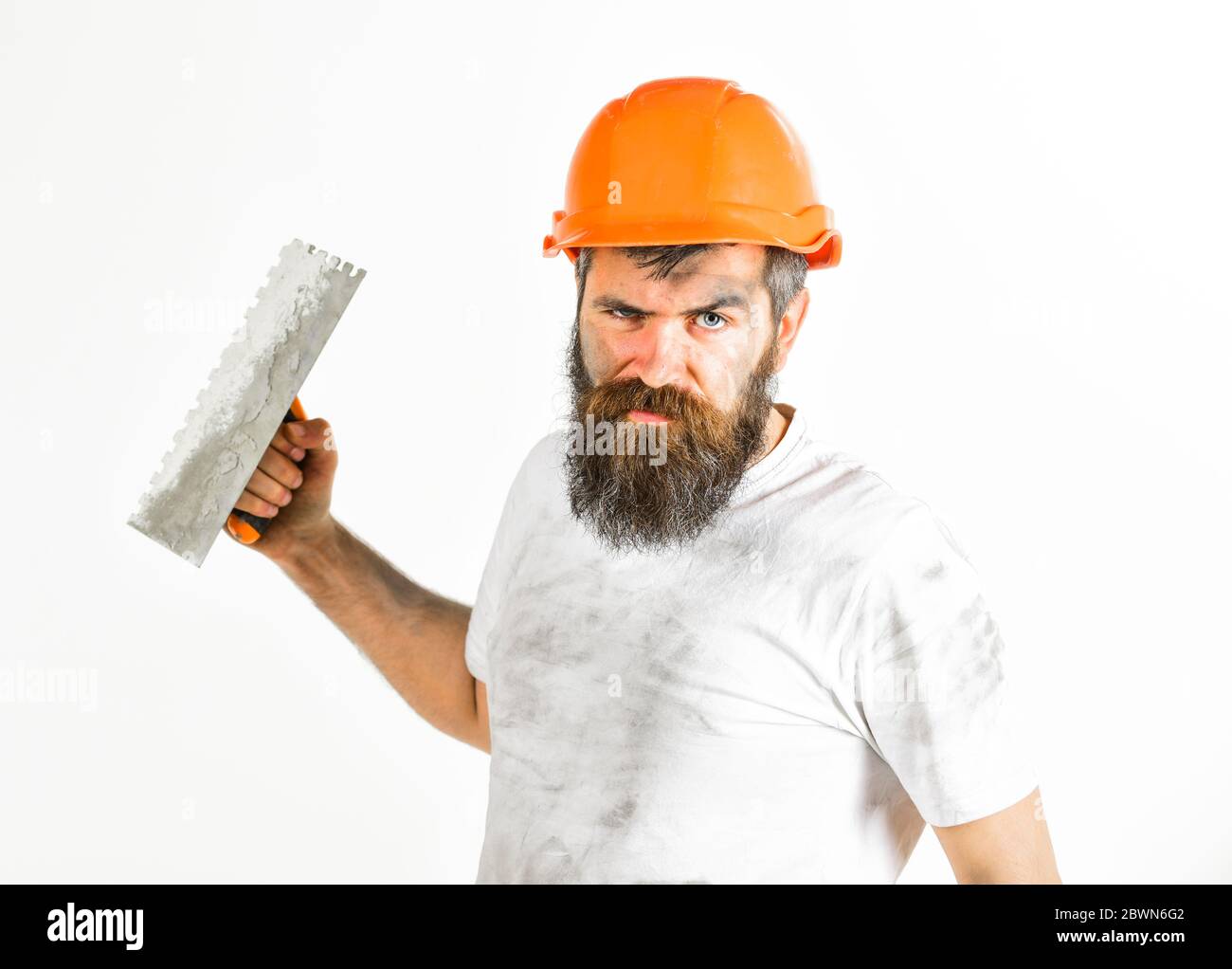 Painter, plasterer, repairman, foreman in helmet or hard hat holds ...
