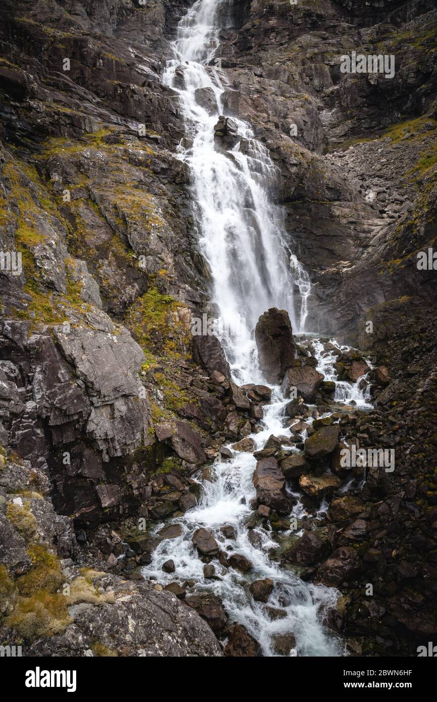 Stigfossen waterfalls by the road Trollstigen. Summertime trip. Famous ...