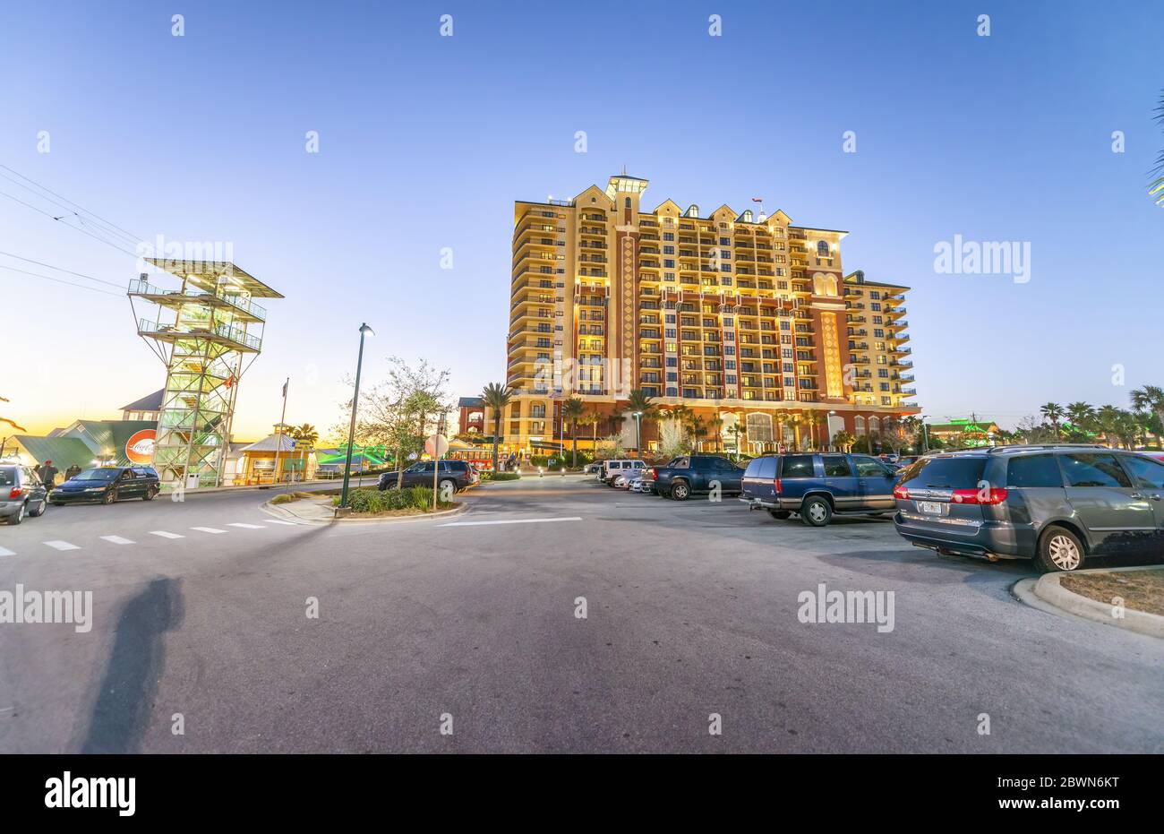 DESTIN, FLORIDA - FEBRUARY 2016: Destin Harbor Boardwalk at night with ...