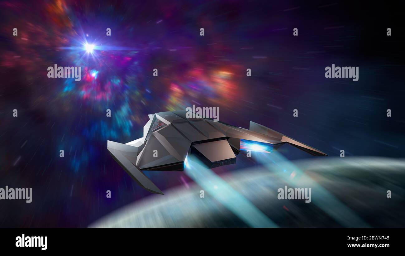 Space background. Spaceship fly in hyperspace with colorful nebula and ...