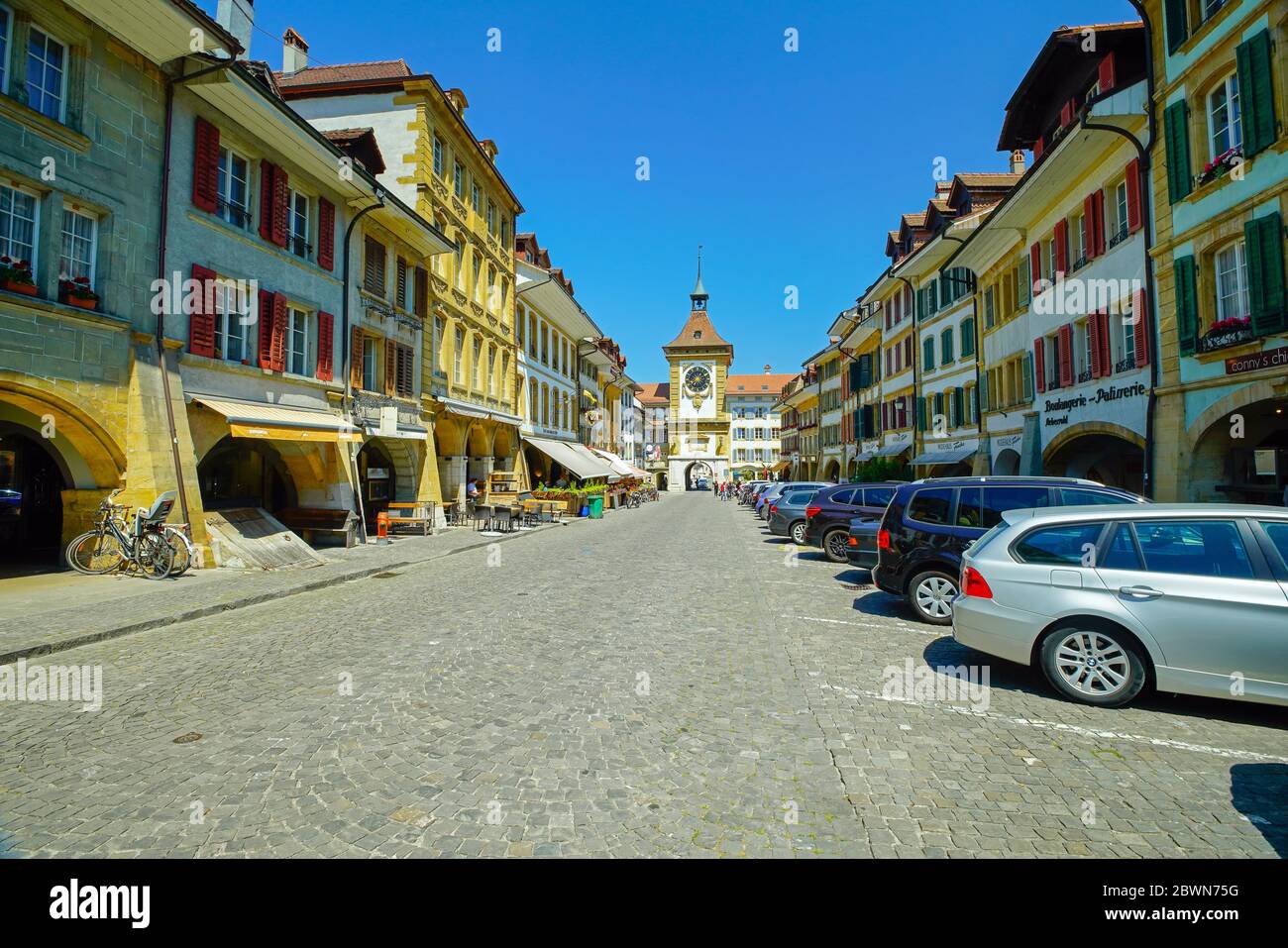 View of famous Bern Gate (Berntor) and Hauptgasse in Murten (Morat ...