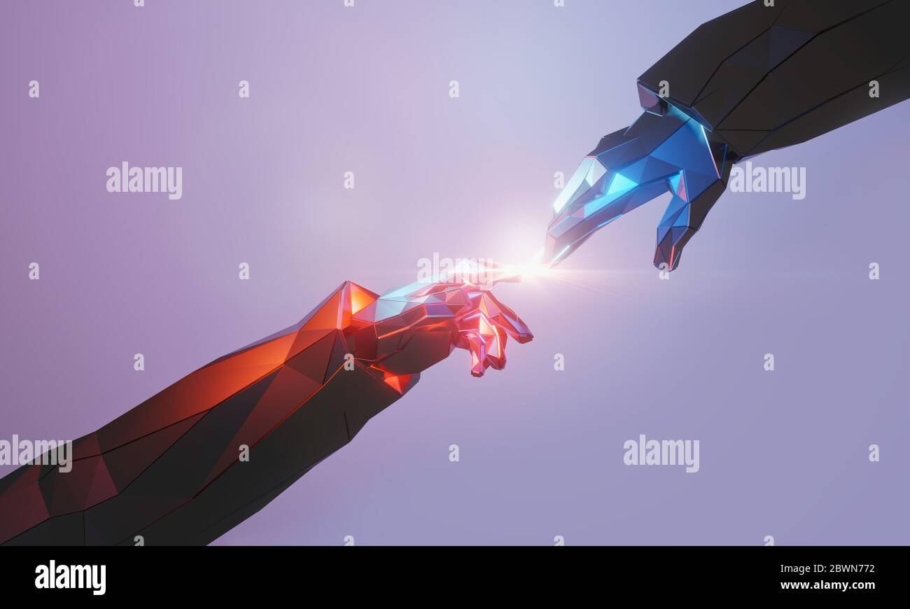 Two robot hand touch together with flare. Future, technology concept ...