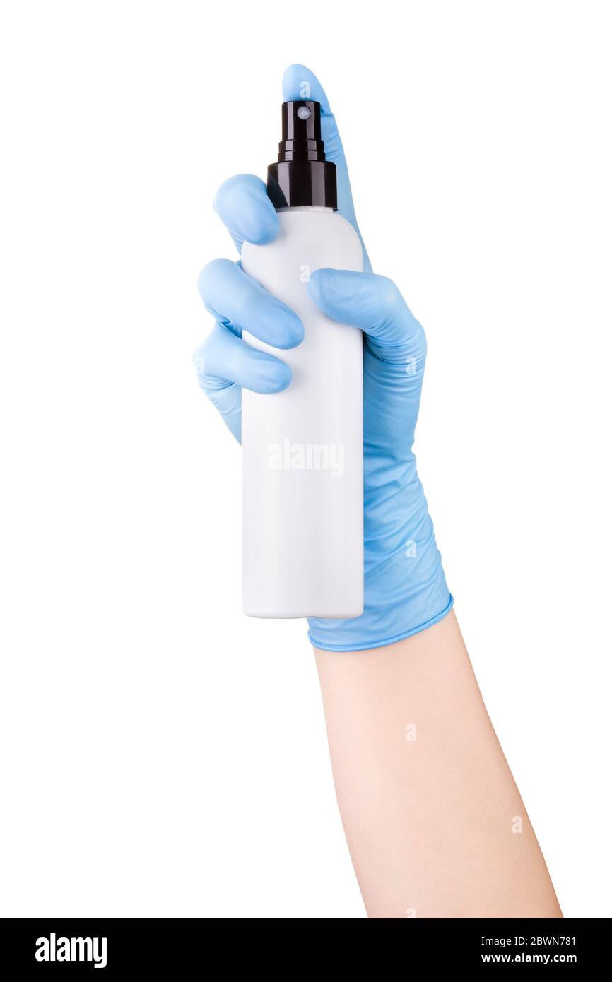 Doctor's hand in medical gloves use antibacterial spray sanitizer on ...