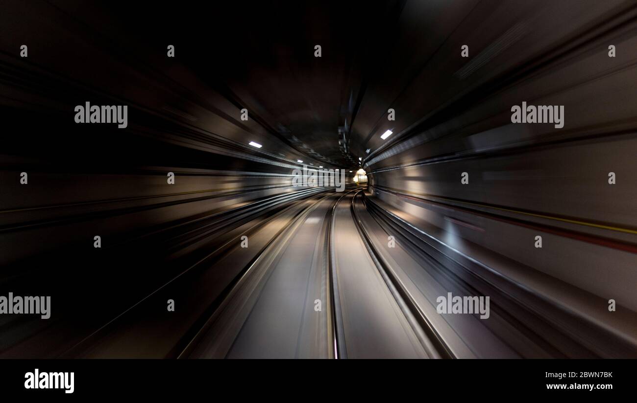 A view from the interior of a moving train, inside a tunnel Stock Photo ...