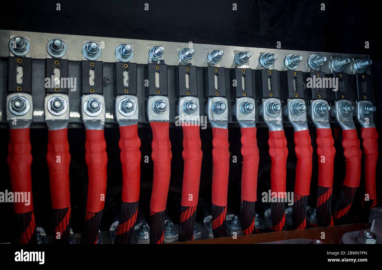 Precision electrical installation with many wires and fuses Stock Photo ...