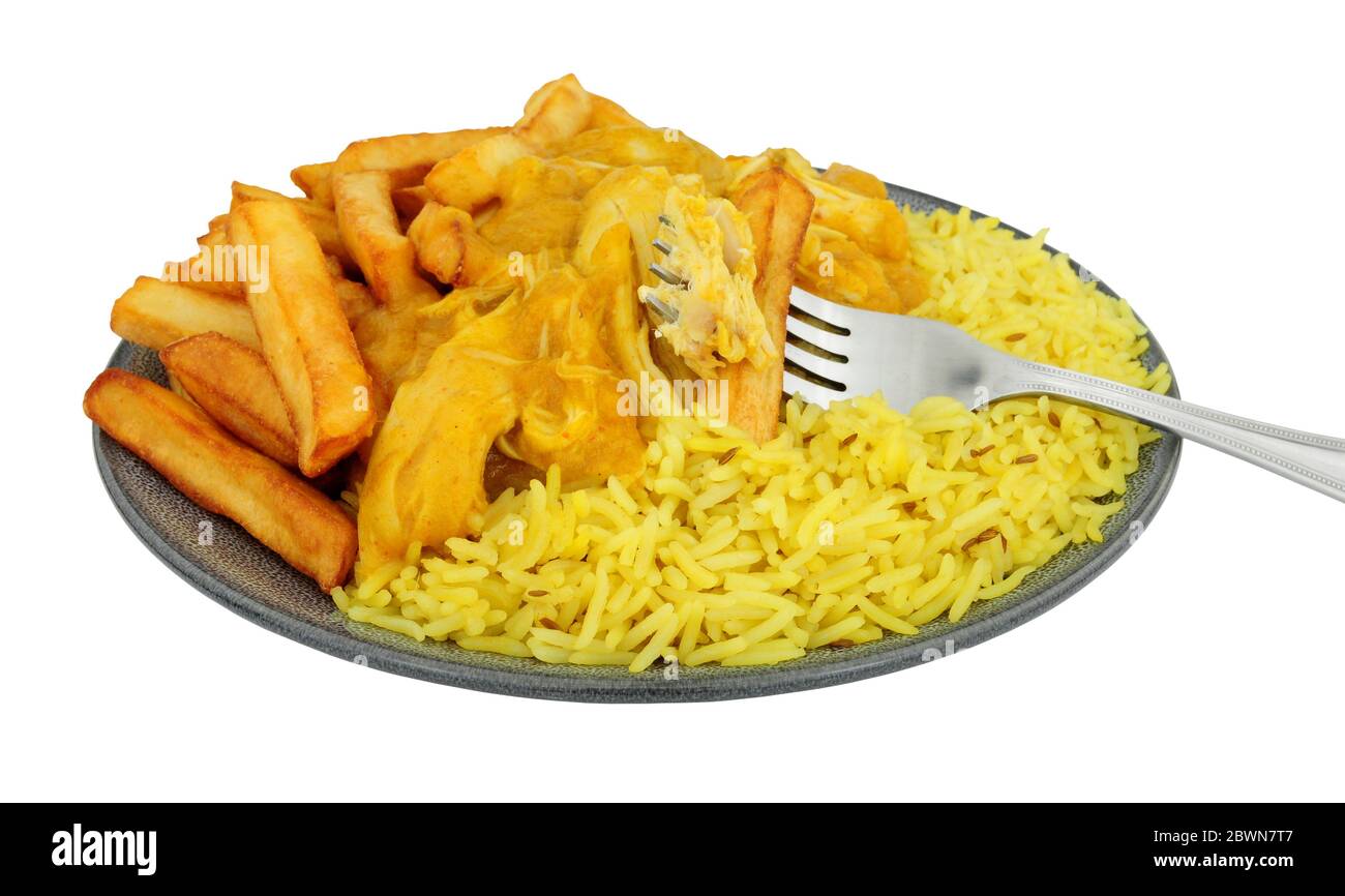 Chicken curry meal with half rice and chips isolated on a white ...