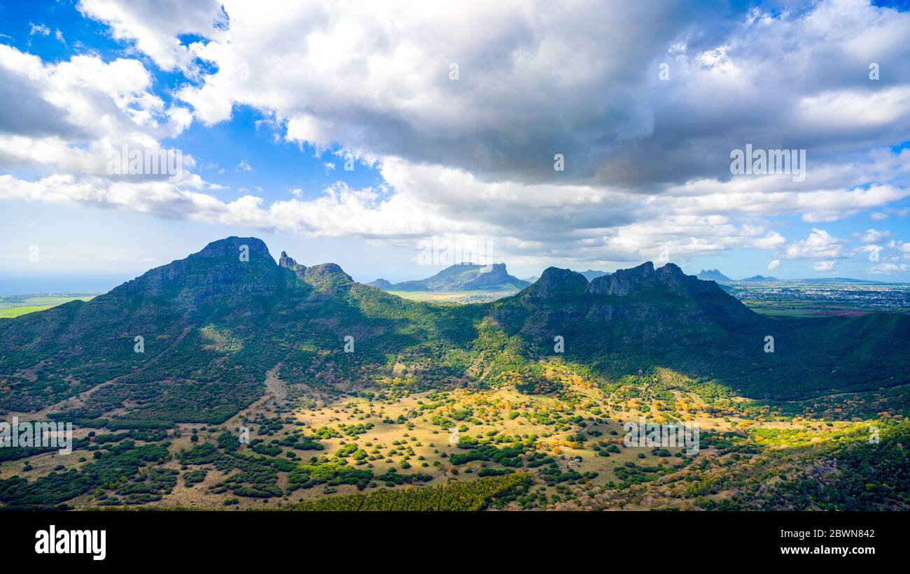 Aerial view of Mauritius island panoramic landscape with green fields ...