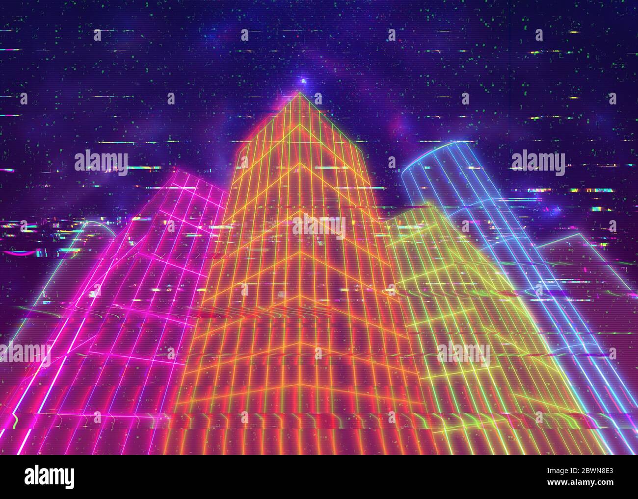 Skyscrapers with neon glowing grid over dark night background Stock ...