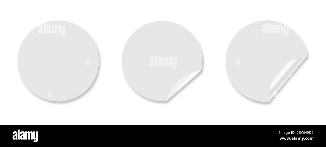 Circle adhesive symbols. White tags, paper round stickers with peeling ...
