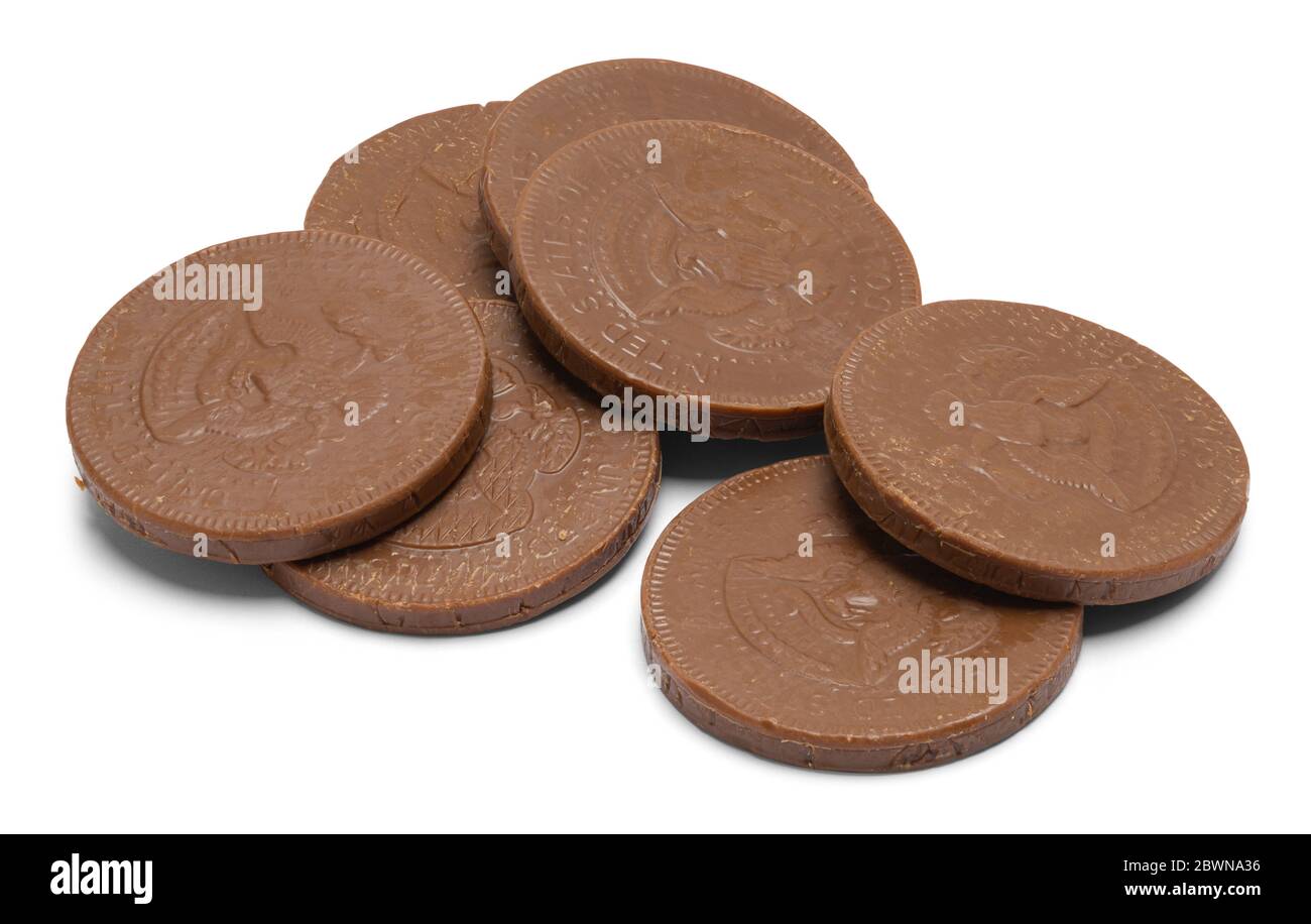 Pile of Chocolate Coins Isolated on White Stock Photo - Alamy