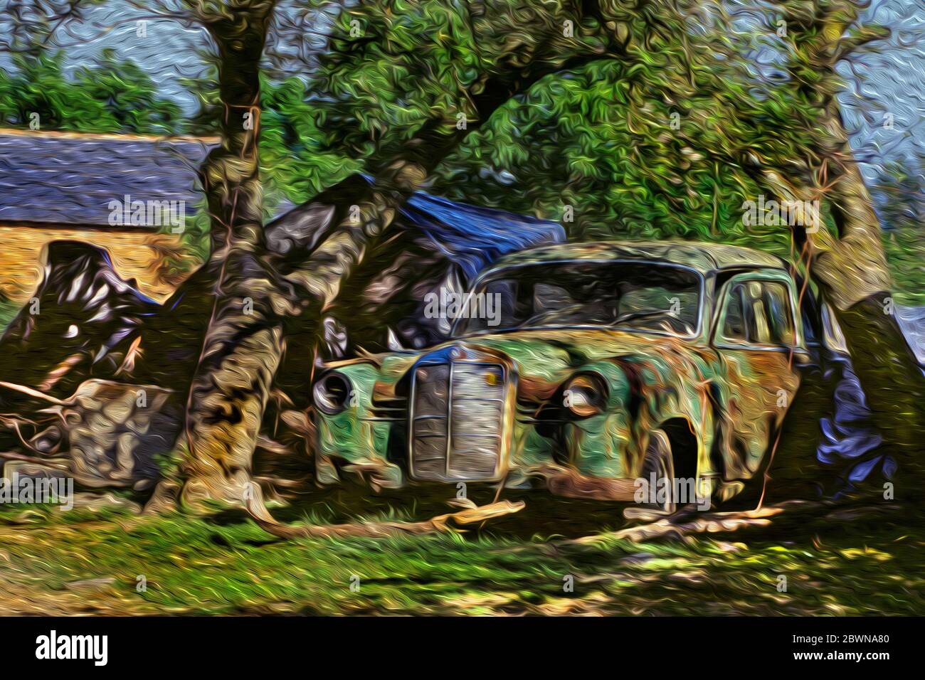 Rusty and dilapidated vintage car abandoned in the backyard of a ...