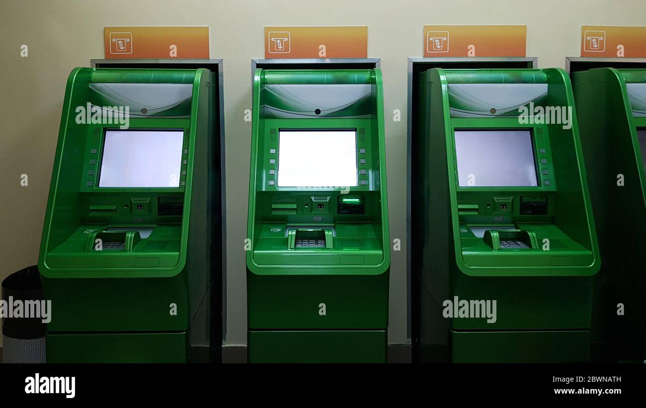 Group of green of Automated teller machine. Concept of banking services ...