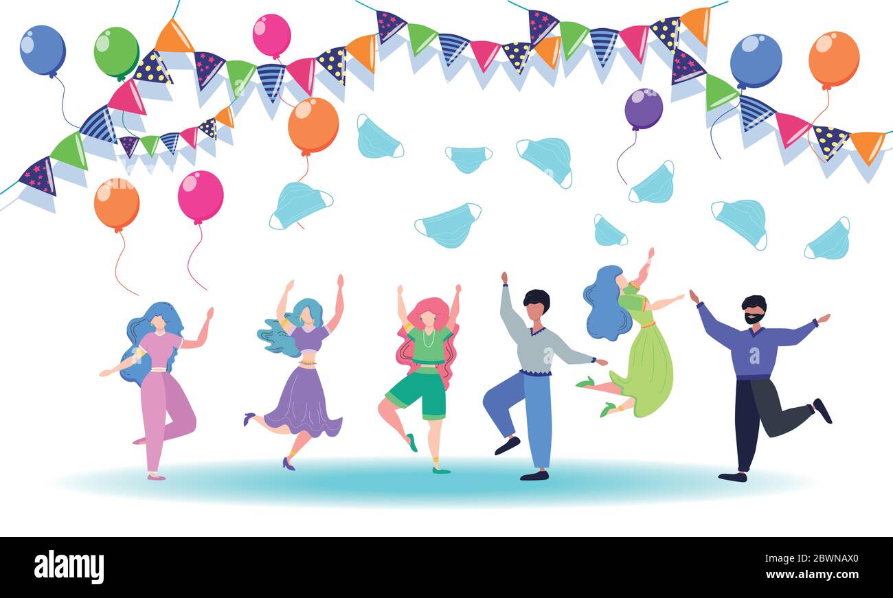 Concept of ending pandemic. People celebrate the end of quarantine ...