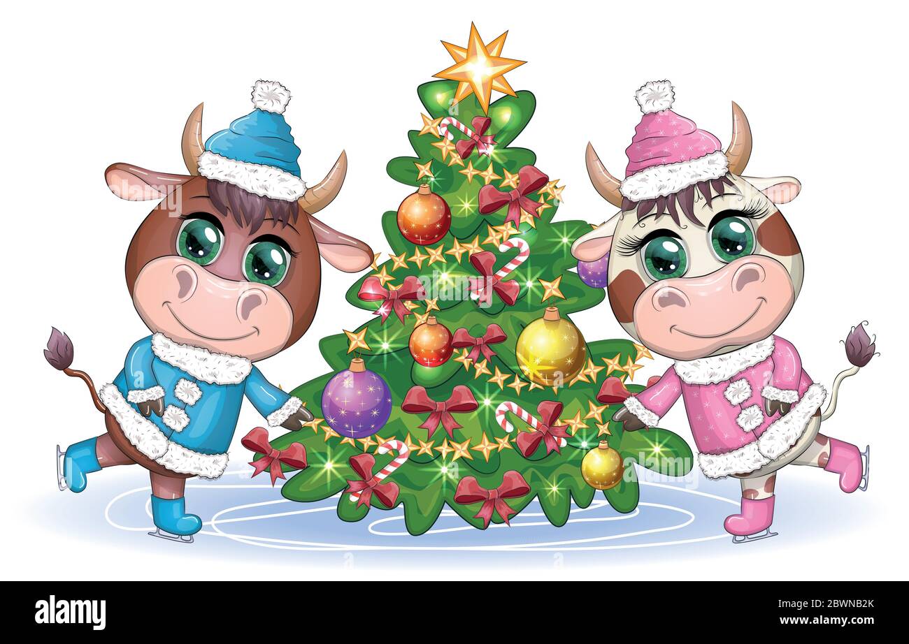 Merry Christmas Funny cow with gift on background snow. Card in cartoon ...