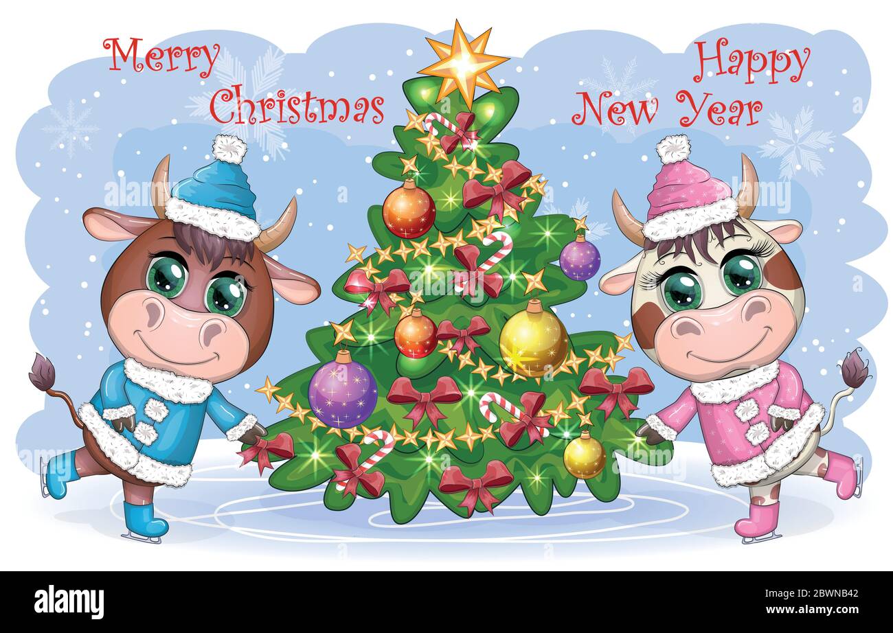 Merry Christmas Funny cow with gift on background snow. Card in cartoon ...