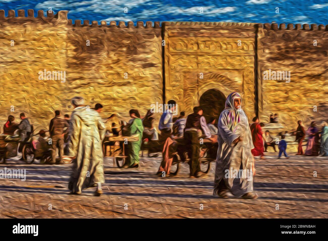 People in front of the city wall and gate on the old medina of Meknes ...