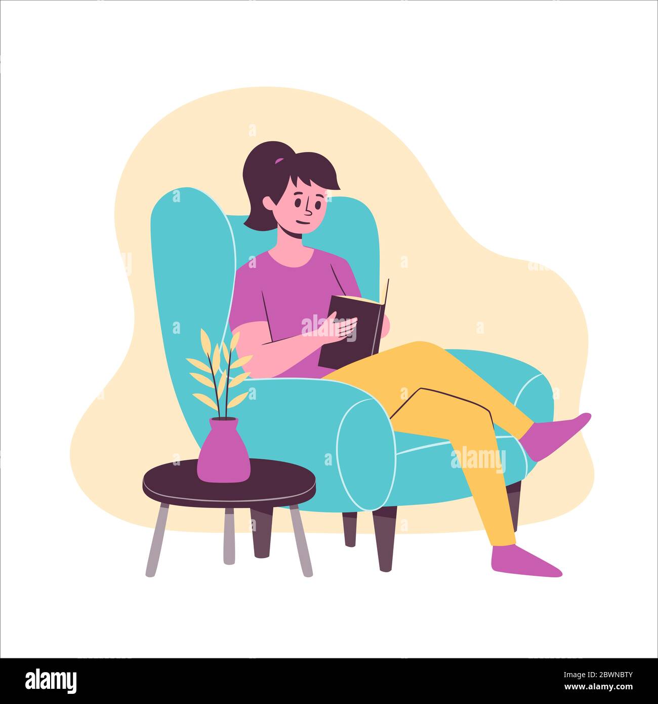 Woman Sitting In A Wing Chair Reading A Book Flat Vector Illustration