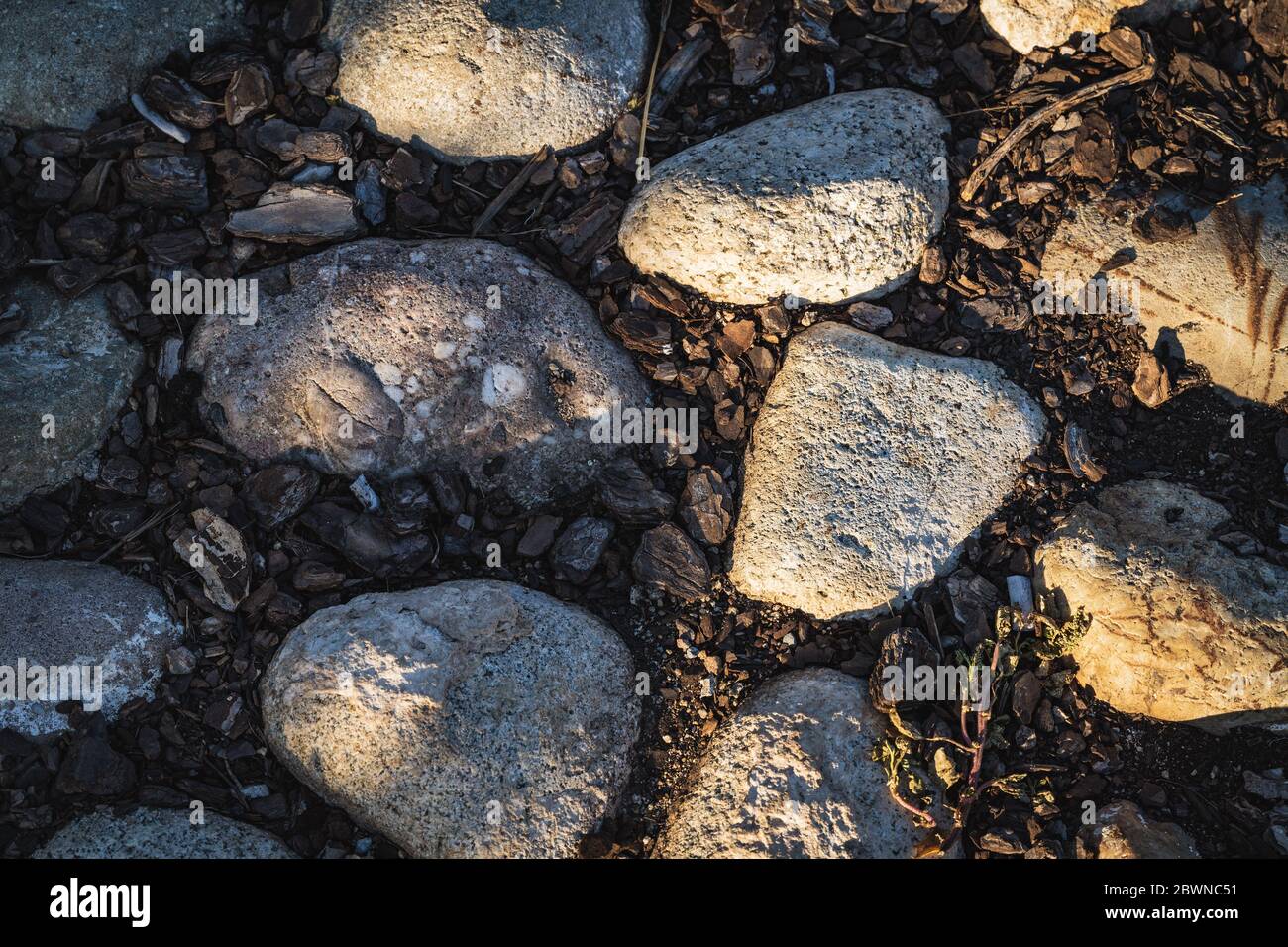 Detail of a cobblestone ground path with boulders and cork bark at the ...