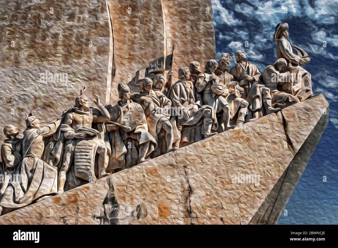 Statues sculpted from limestone at the Monument of the Discoveries, to ...