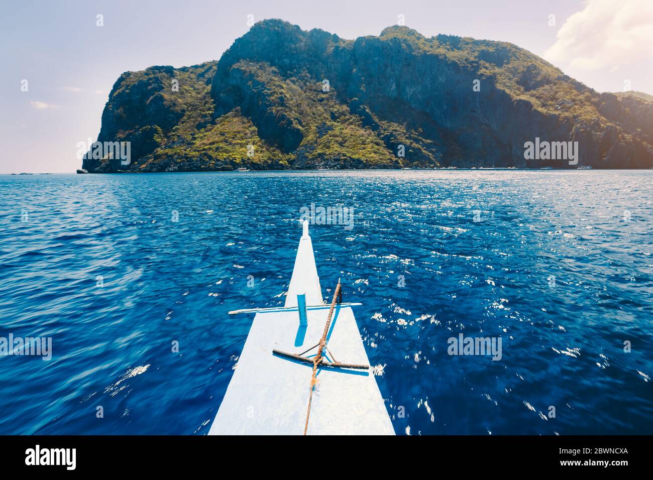 El Nido, Philippines. Front of Island hopping Tour boat hover over open ...