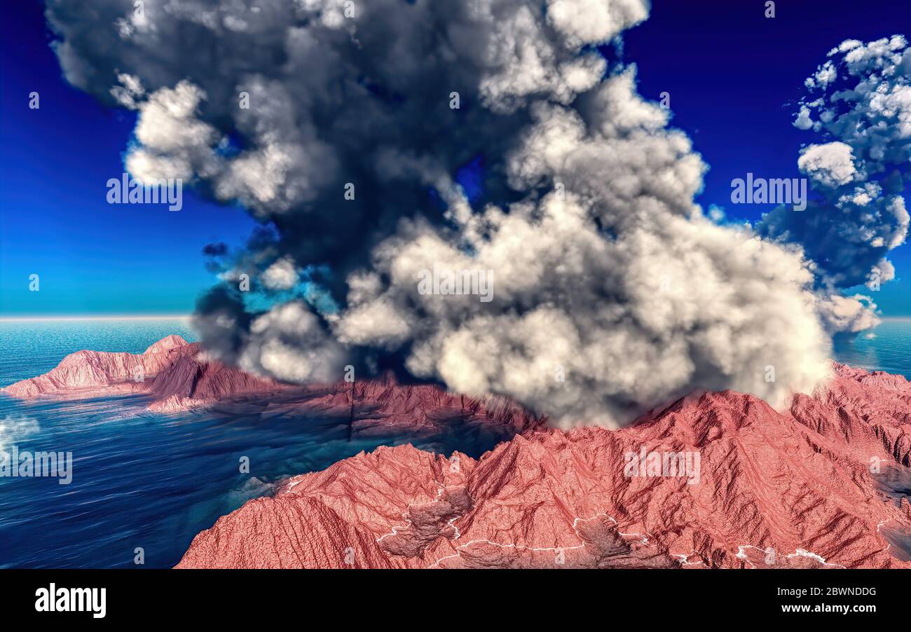 Volcanic eruption on island 3d rendering Stock Photo - Alamy
