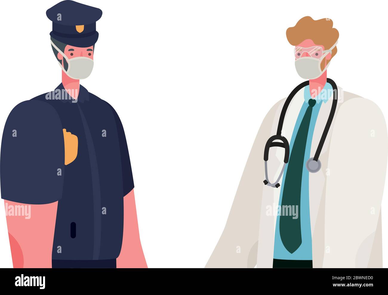 Isolated male doctor and police man with masks vector design Stock ...