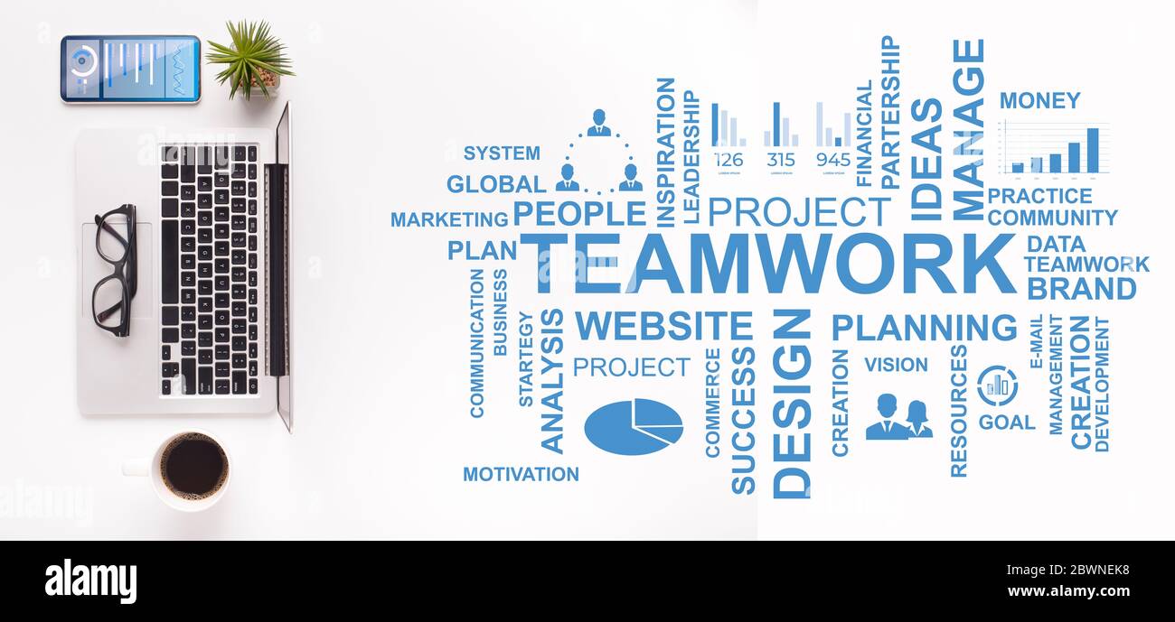 Top view of ordered desktop with laptop, coffee and cellphone with blue ...