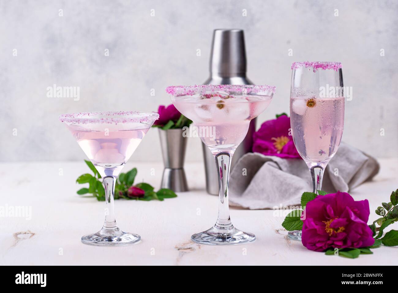Assortment of pink cocktails with rose syrup Stock Photo - Alamy