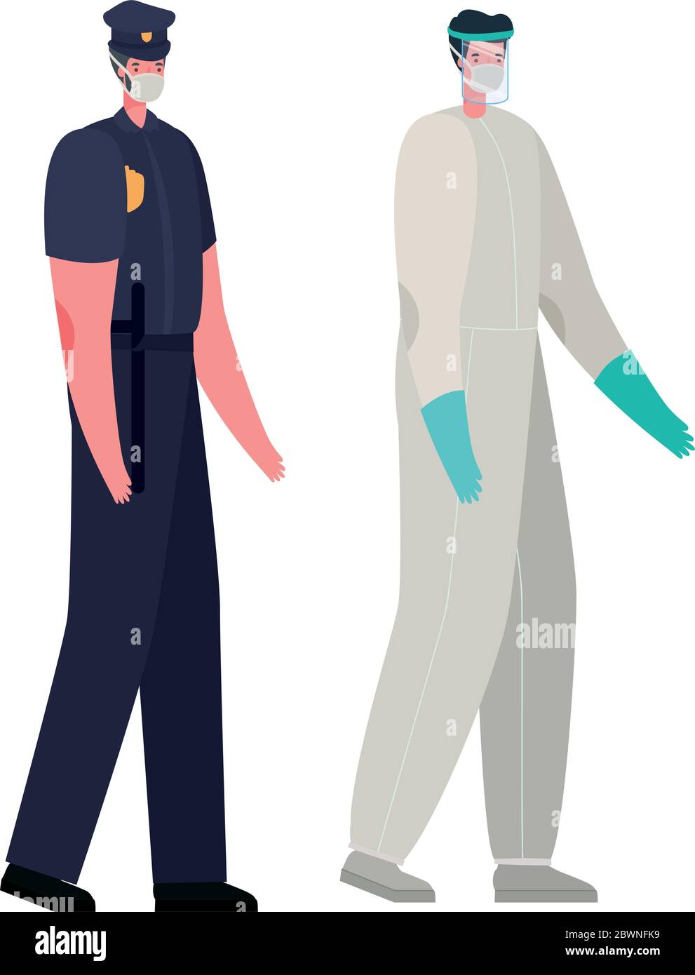Police man and doctor with protective suit and mask vector design Stock ...