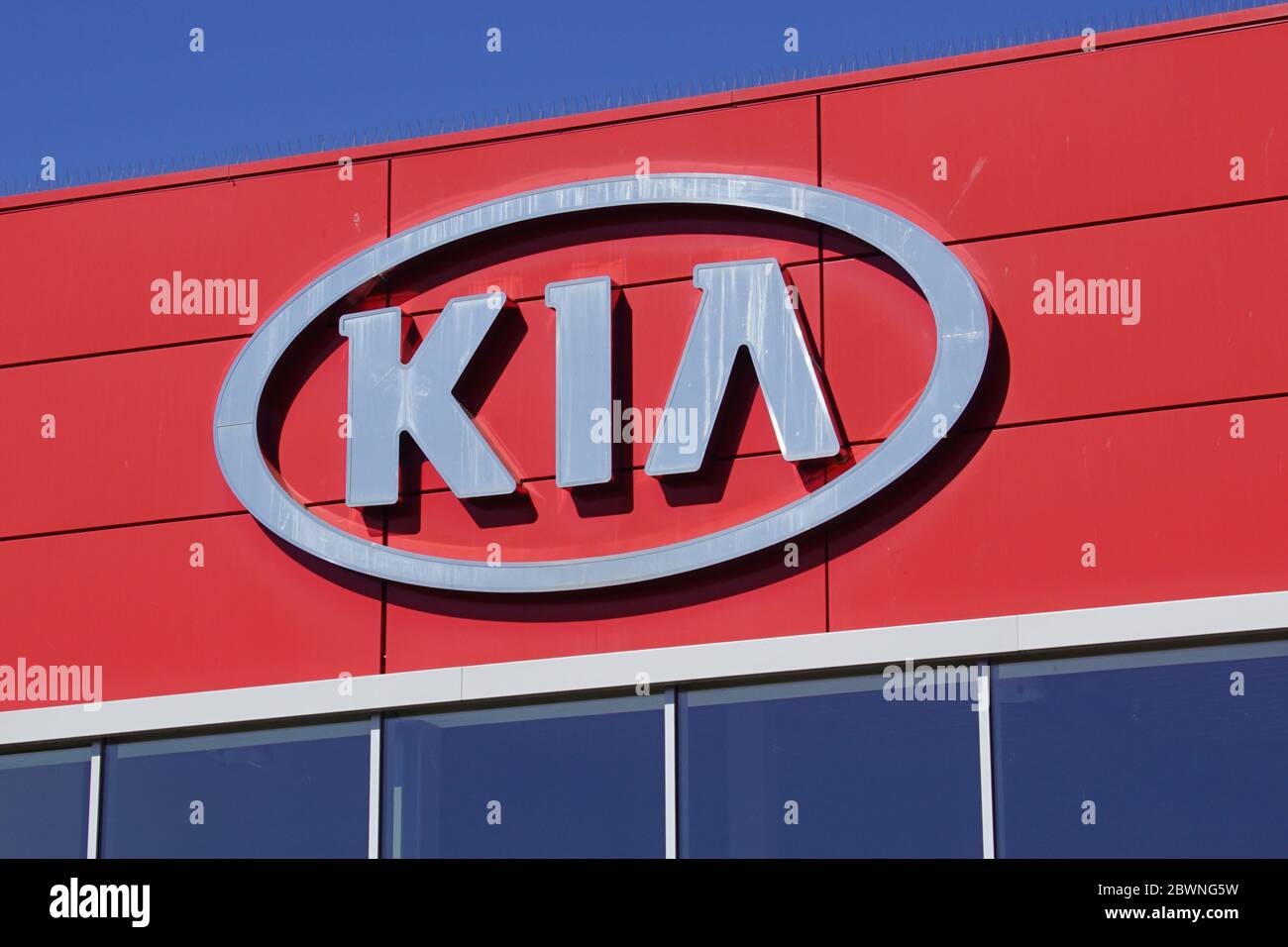 Naarden, the Netherlands - April 19, 2020: Wall logo of KIA against a ...
