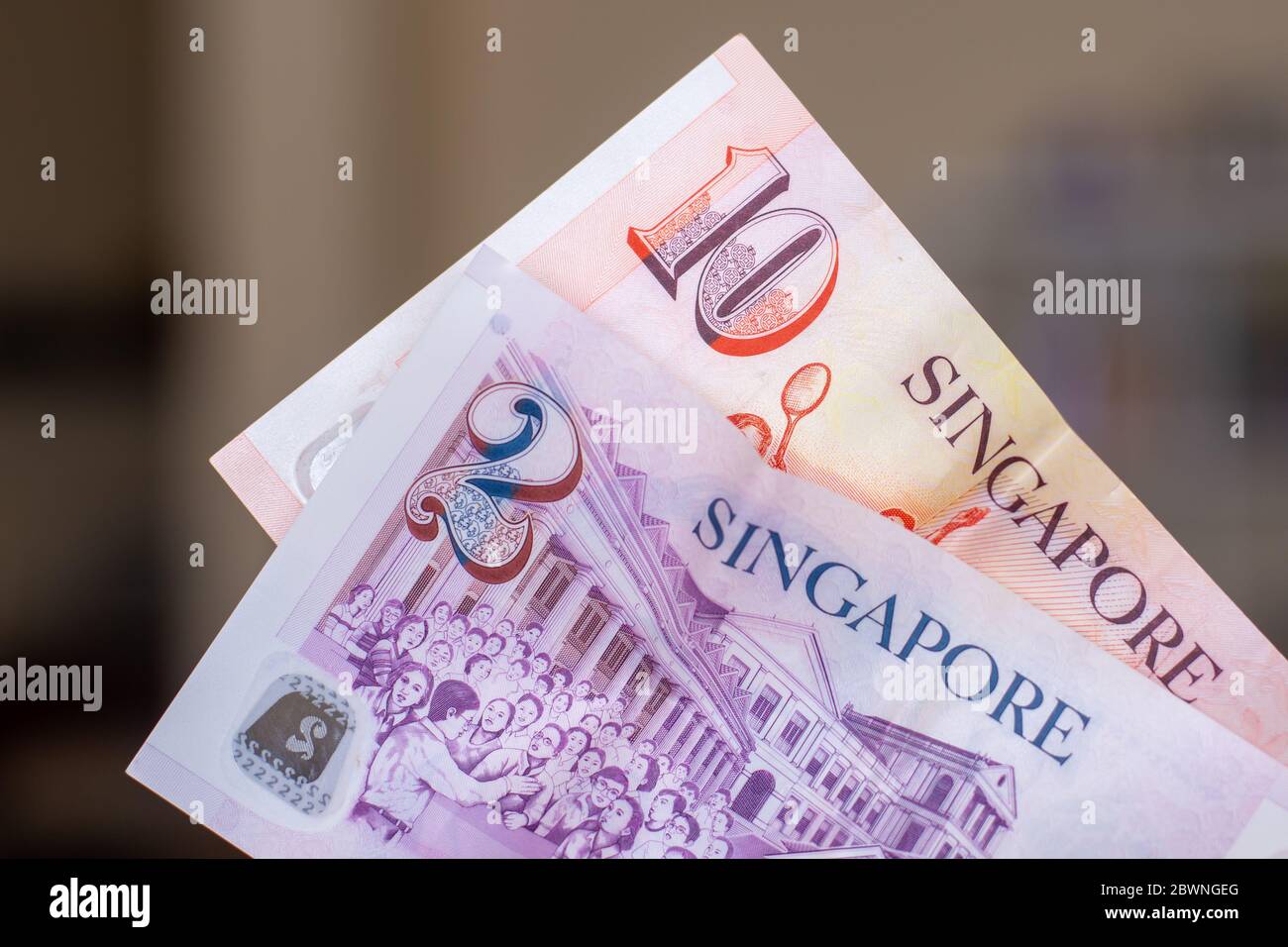 Currency of the Singapore - red ten dollar and purple two dollar note ...