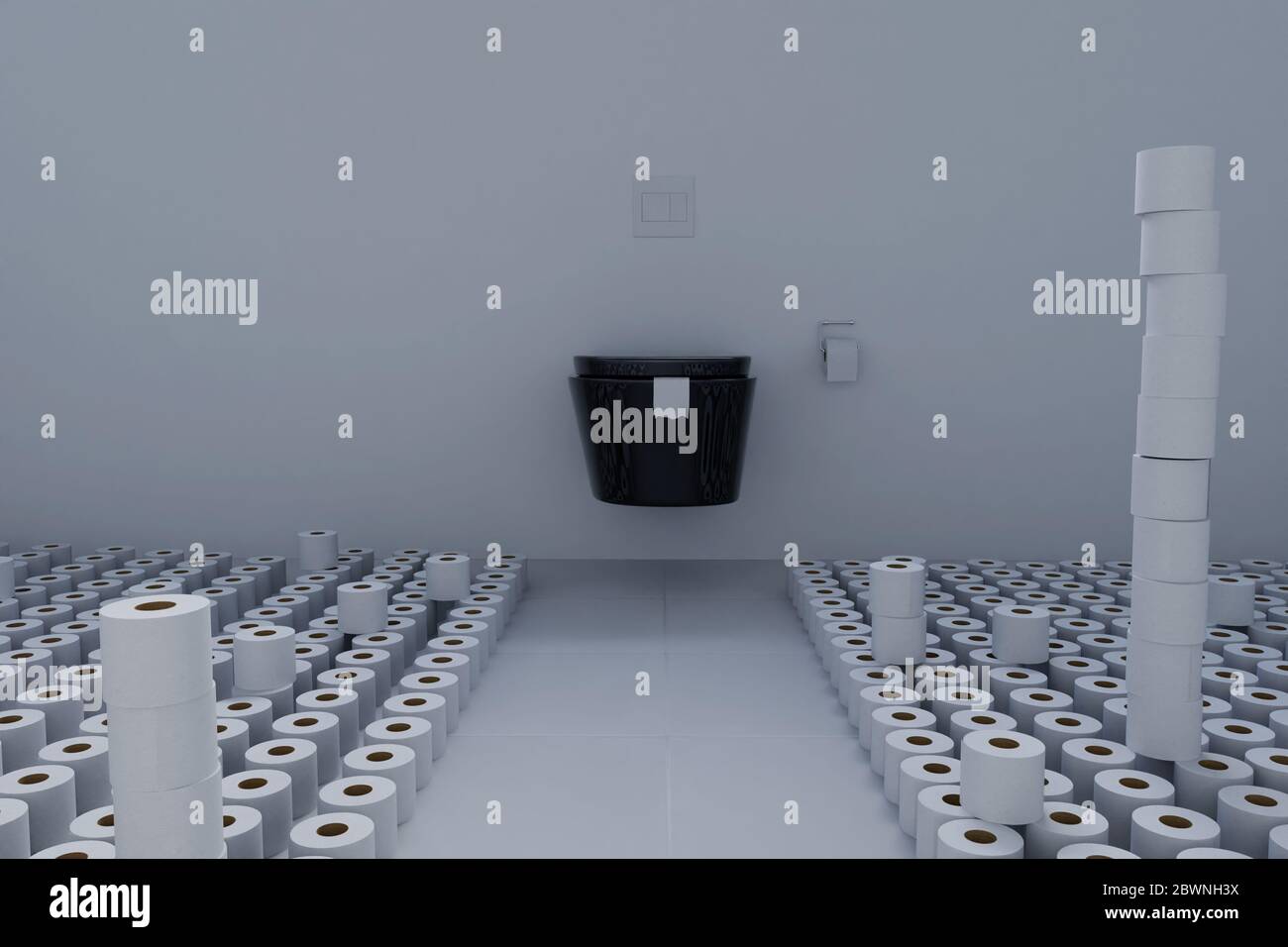 3d rendering of toilet room full with toilet paper. Concept panic ...