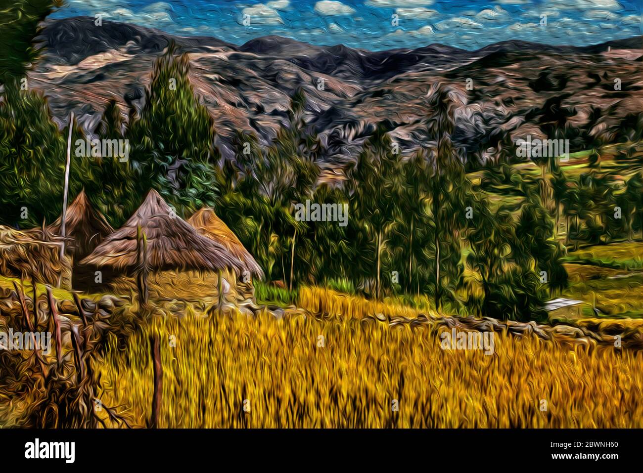 Huts with thatched roof among cultivated fields and mountain landscape ...