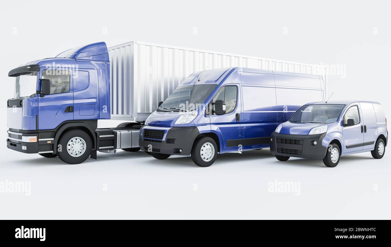 Semi Container Truck Lined Up with Blue Delivery Vans on White ...