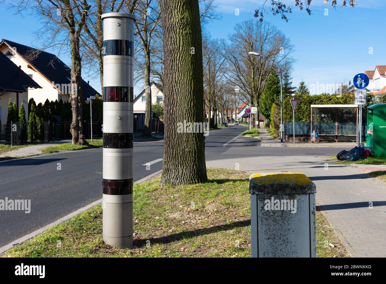 Speed camera column hidden behind a tree on a street in Berlin in ...