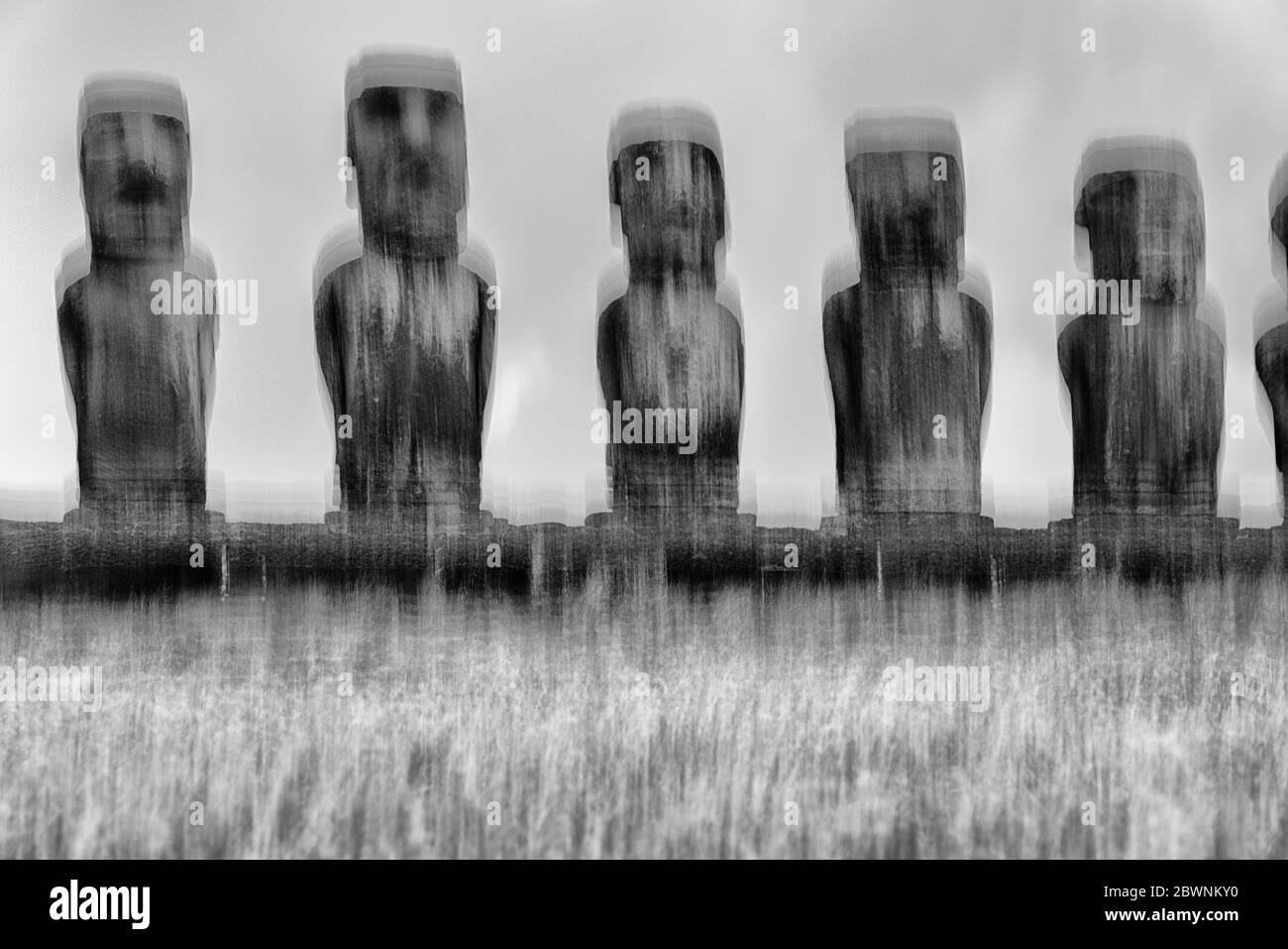 Black and white induced moved of moai at Tongariki, Easter Island Stock ...