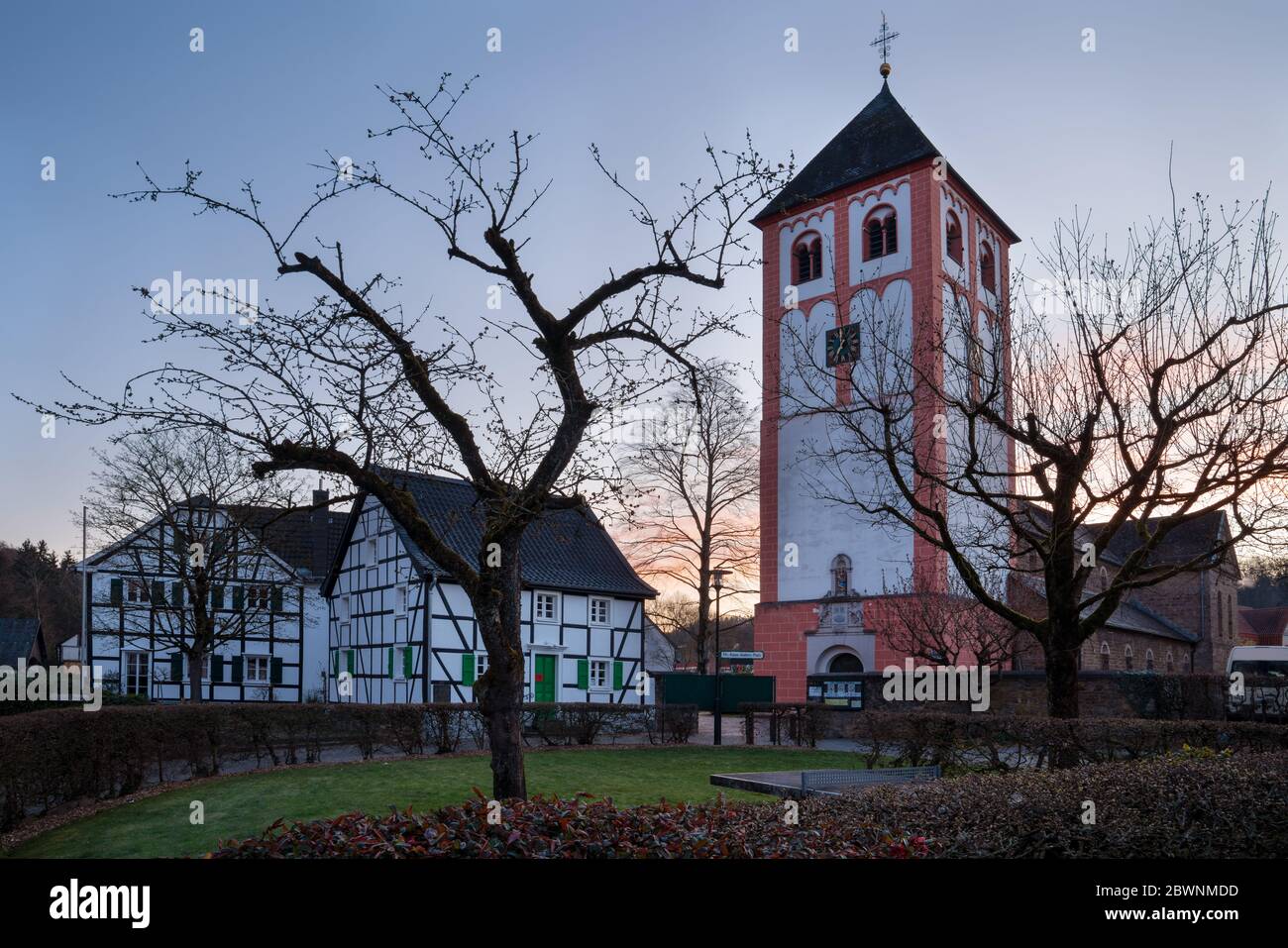 Center of village Odenthal with parish church and old buildings at ...