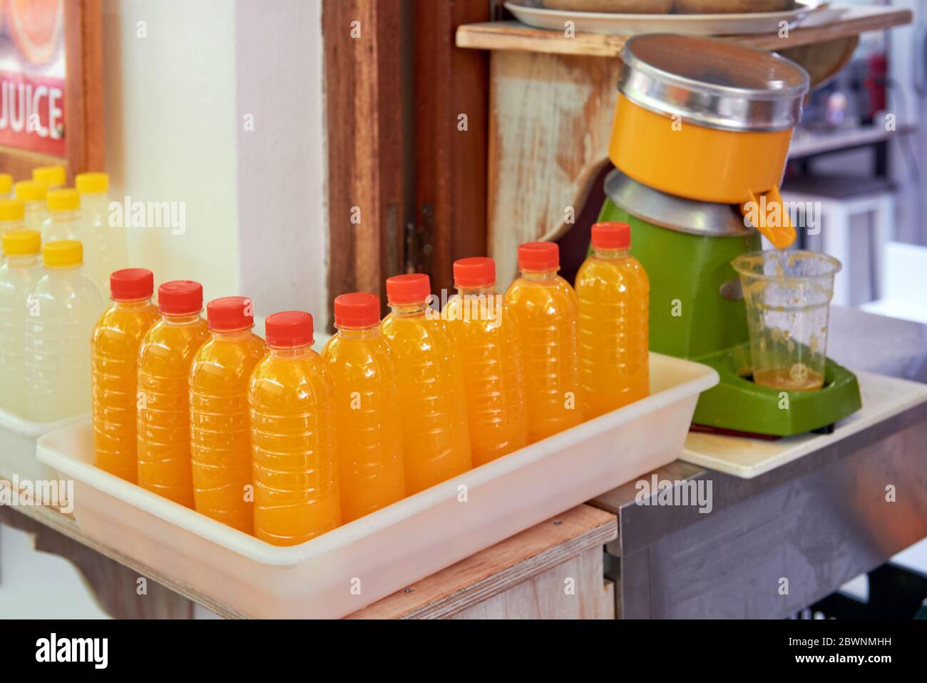 Fresh squeezed orange juice sold on the street in Lindos on the island ...