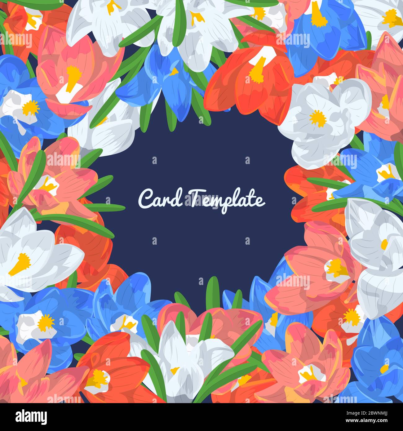 Square card template with hand drawn colorful crocus flowers frame ...