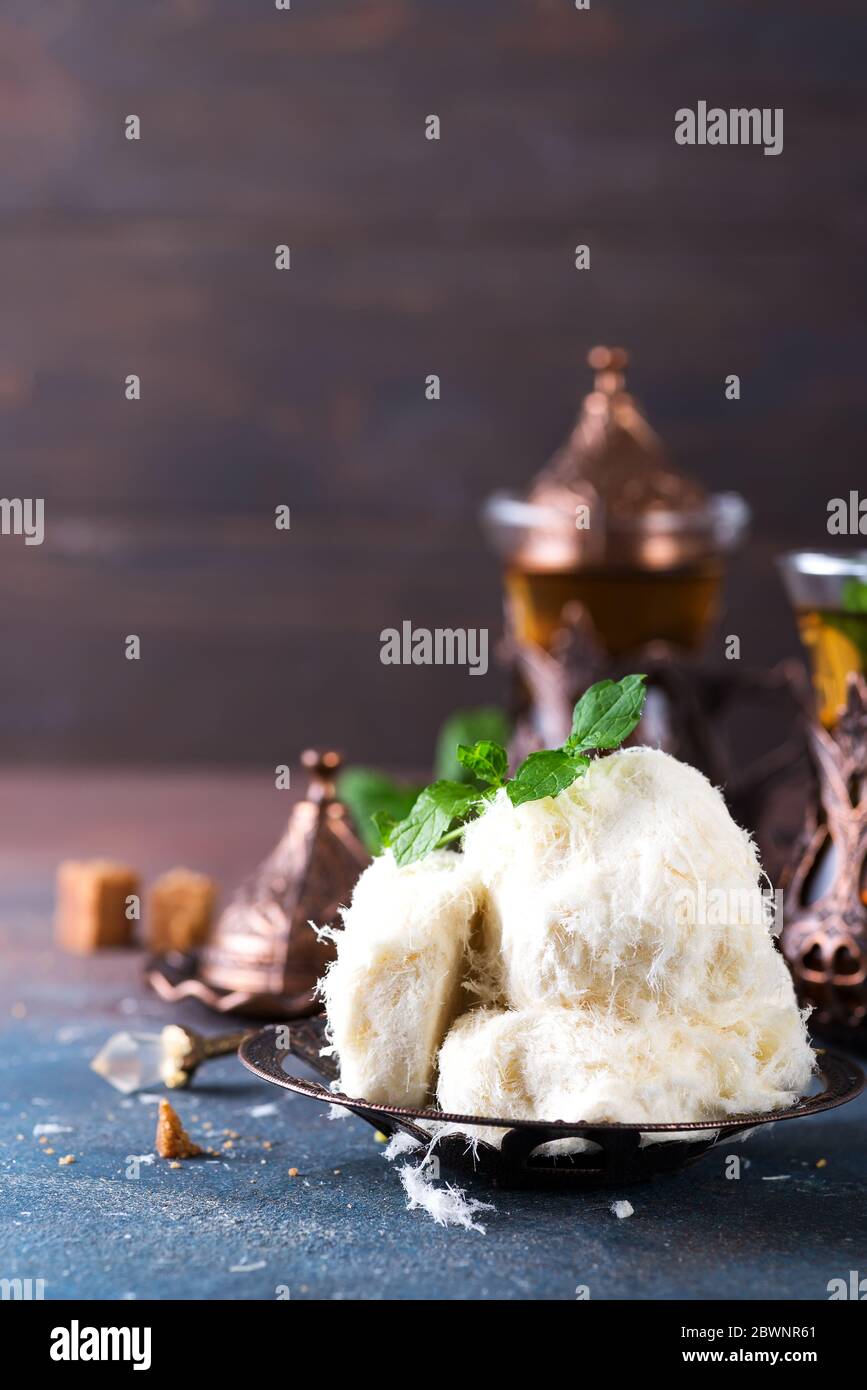 Traditional Turkish cotton candy called Pismaniye in vintage plate with ...