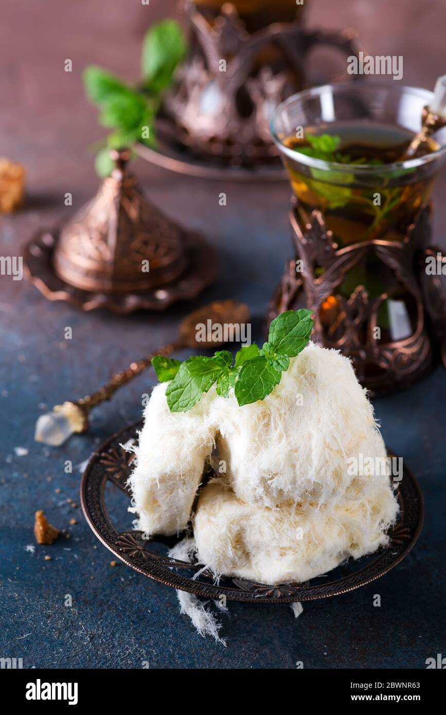Traditional Turkish cotton candy called Pismaniye in vintage plate with ...