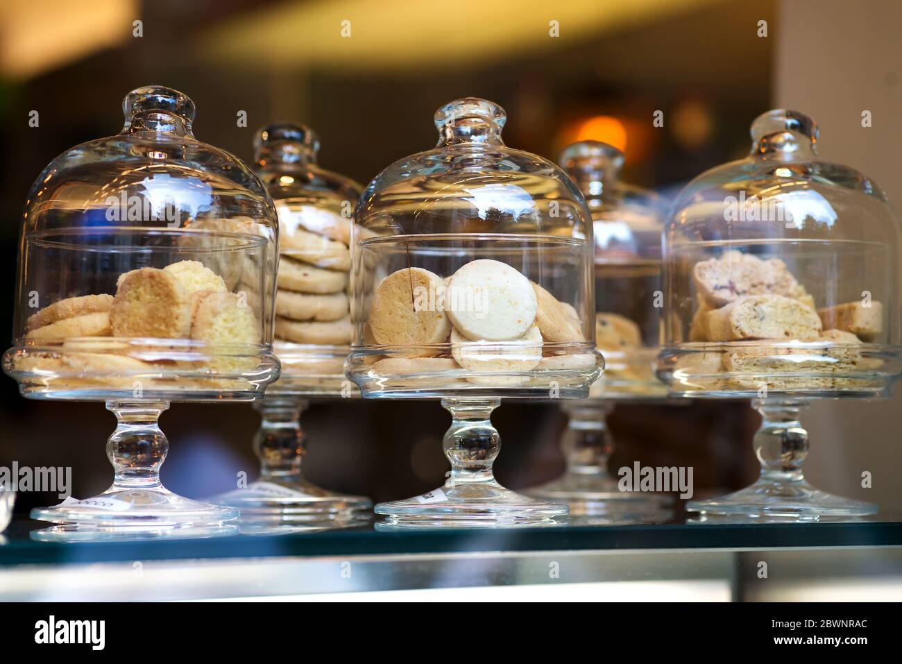 Shortbread Italian style cookies on retail display in glass boxes in ...