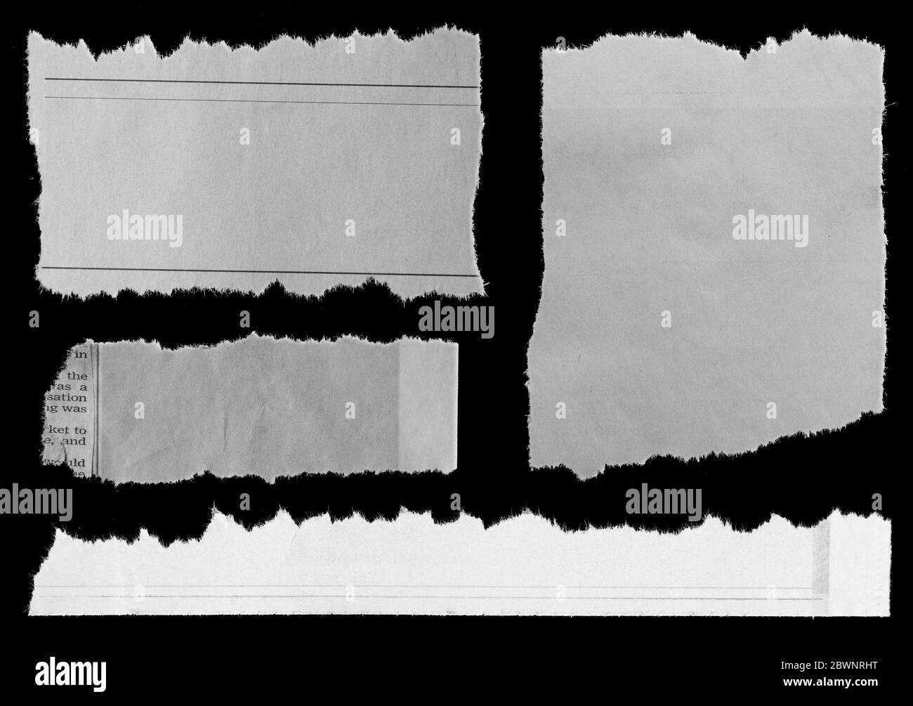 Four pieces of torn newspaper on black background Stock Photo - Alamy