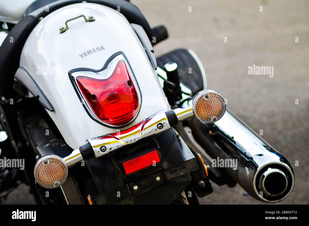 CHEREPOVETS, RUSSIA - May 05, 2018: Close up of a Yamaha chopper bike ...