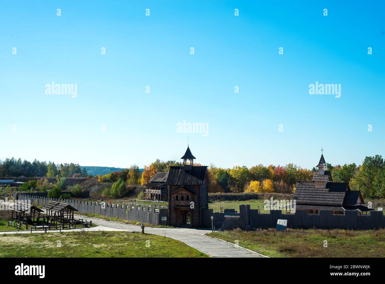 Kyiv region, UA, 13.10.2018 -Kyivan Rus Park ancient wooden castle in ...