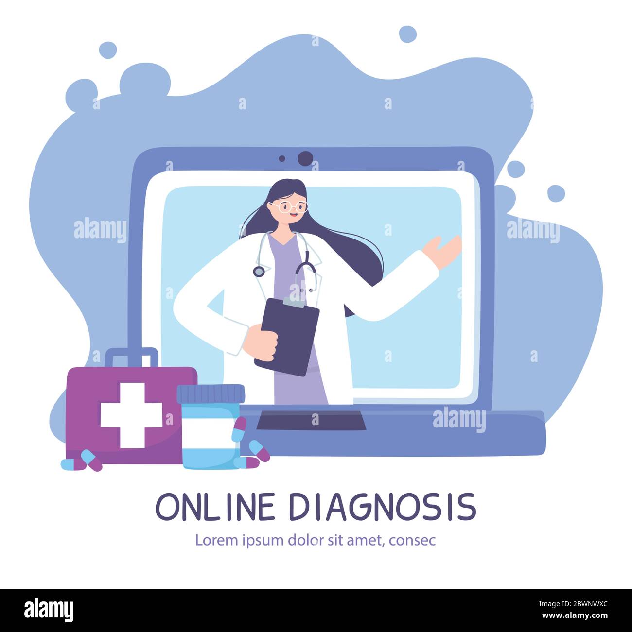 online doctor, laptop screen with female therapist on chat medical ...