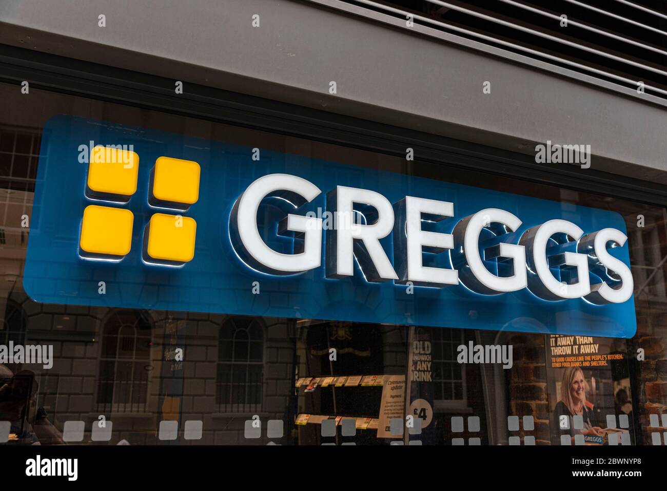 Greggs logos at their shop in Cannon Street Stock Photo - Alamy